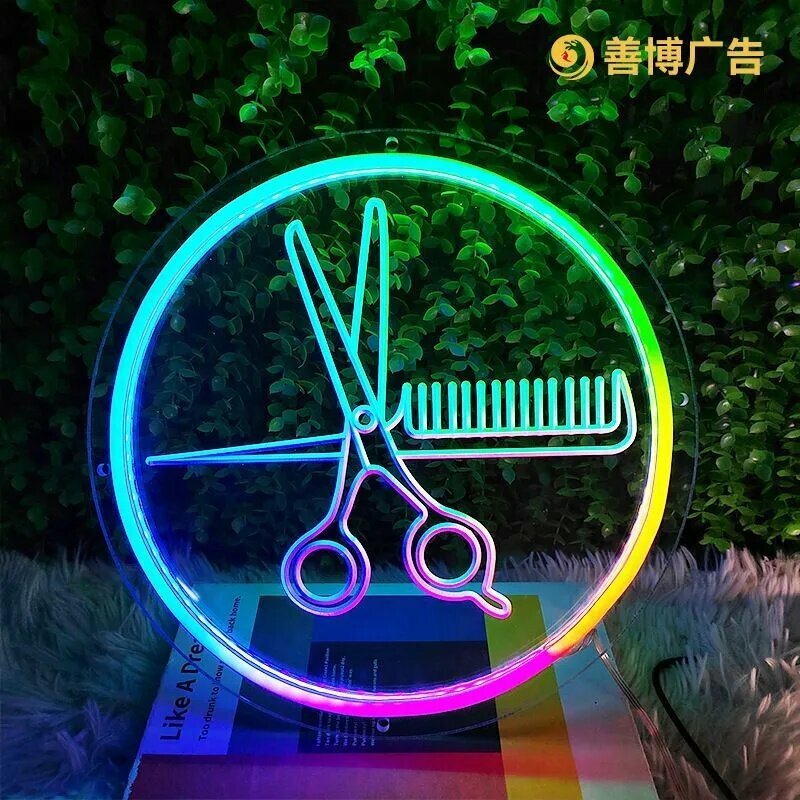 USB LED неоновая вывеска 2025 ножницы для парикмахерской декоративная табличка с разноцветной атмосферной подсветкой