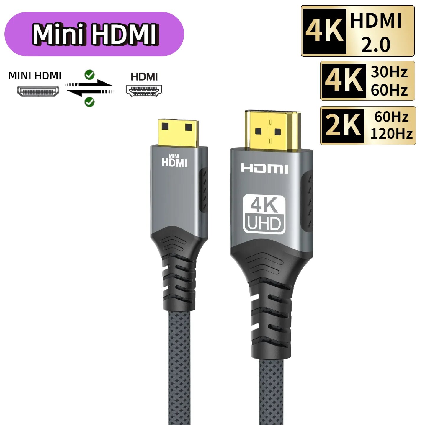 FDBOY HDMI-кабель 4K 60Гц для камеры Sony A6400/Canon M50 Mini HDMI to HDMI, 2 м