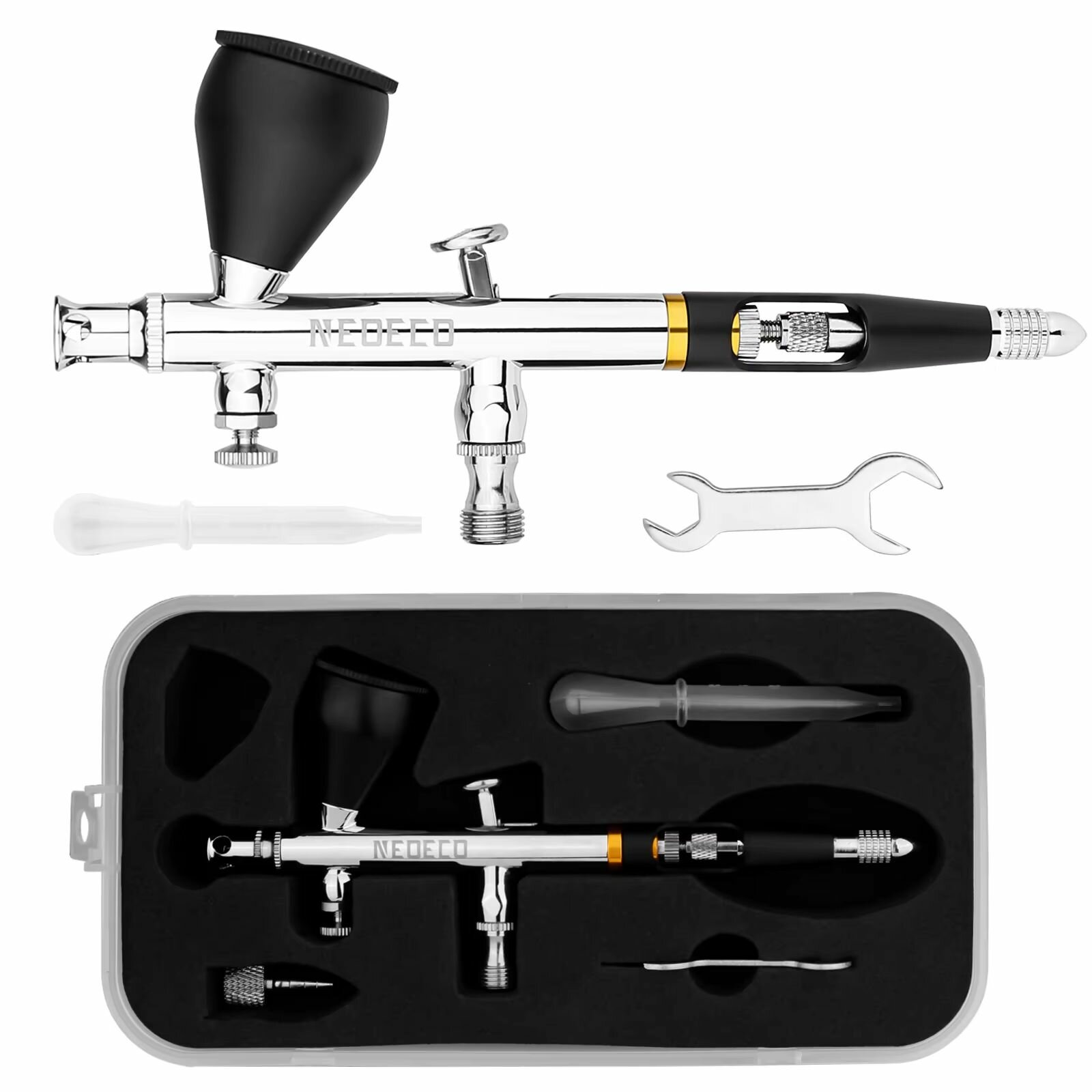 Аэрограф NEOECO NCT-SJ83 двойного действия, верхний бачок 9 мл, быстросъёмная крышка, сопла для моделизма, тортов и художественной росписи