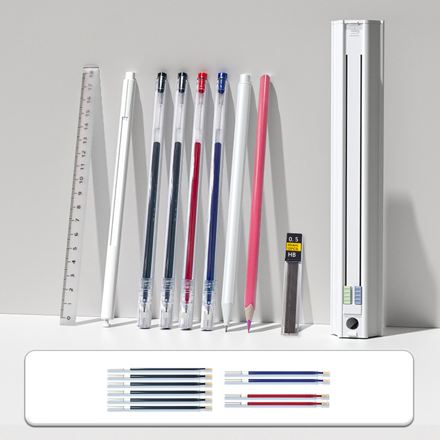 Контейнер для карандашей шестиугольный держатель для ручек многофункциональный пенал с рулеткой и съемным ластиком и заточителем для карандашей твердый футляр для хранения ручек с 10 насадками (6шт, Фиолетовый, Синий, Розовый, Белый) Размер пенала: 20x3см