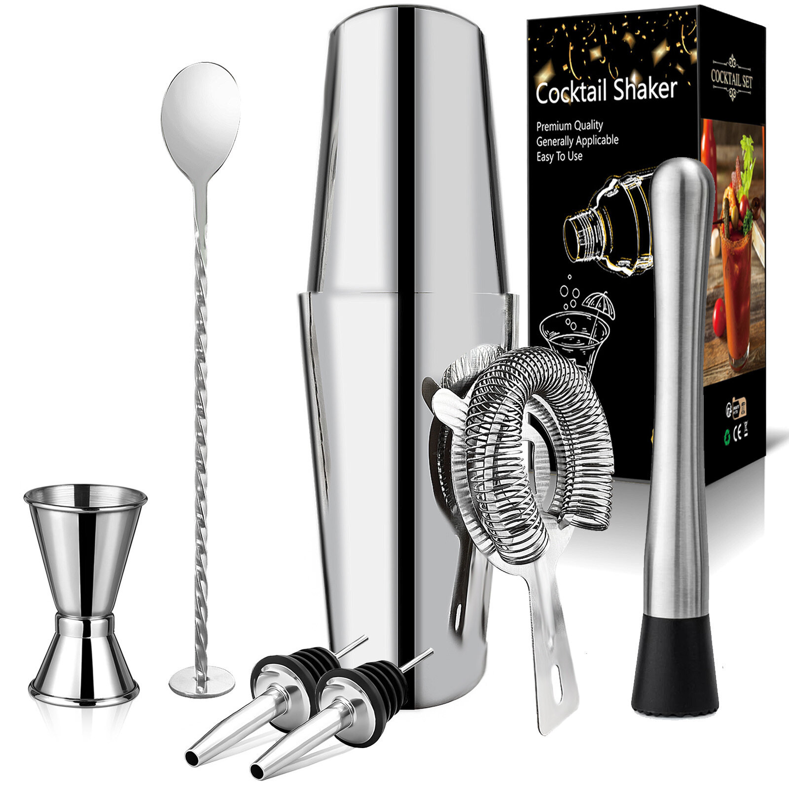 Набор для коктейлей Boston Shaker Mixer из нержавеющей стали, 7 штук, инструменты для приготовления напитков для домашней бары, 750ml, нержавеющая сталь, 1 ложка, 1 дробилка для льда, 1 измеритель для вина 20/40ml, 2 наливатели для вина, 1 фильтр для