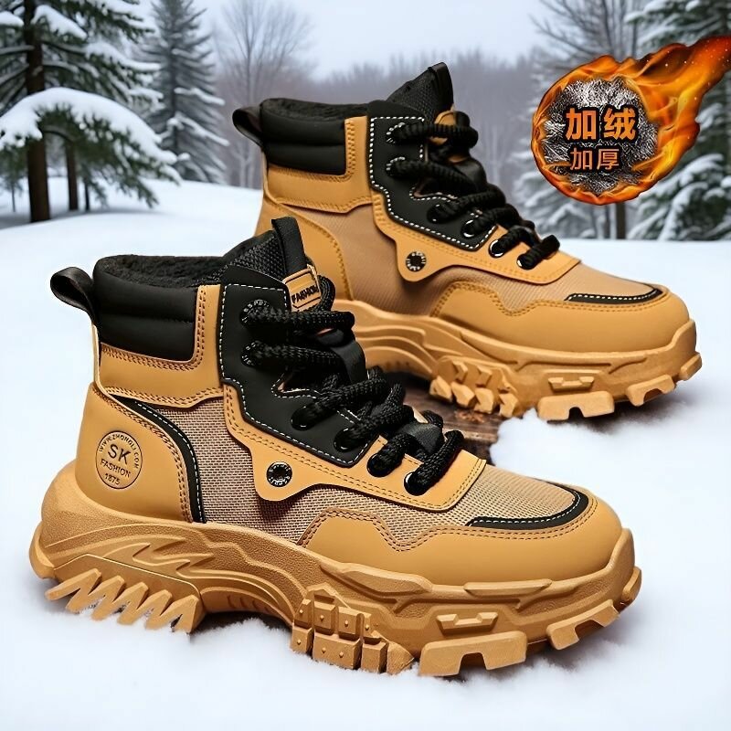 Черные утепленные мужские ботинки с флисовой подкладкой, зимние уличные снежные ботинки, рабочие ботинки Мартин, толстая подошва, холодоустойчивые, теплые, высокие хлопковые ботинки