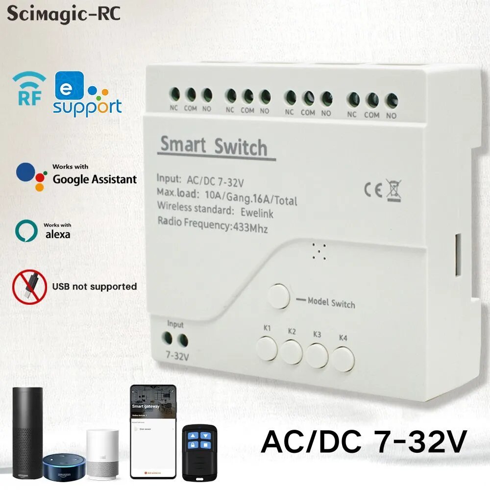 EWeLink 4-канальное Умное Wi-Fi реле переключателя Модуль (10A, 7-32V DC/AC) для умного дома