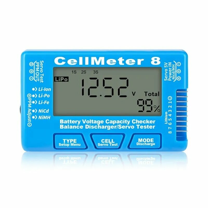 RC Cellmeter 8 цифровой тестер емкости аккумулятора контроллер тестер напряжения для Li-Ion NiMH Nicd Cell Meter синий