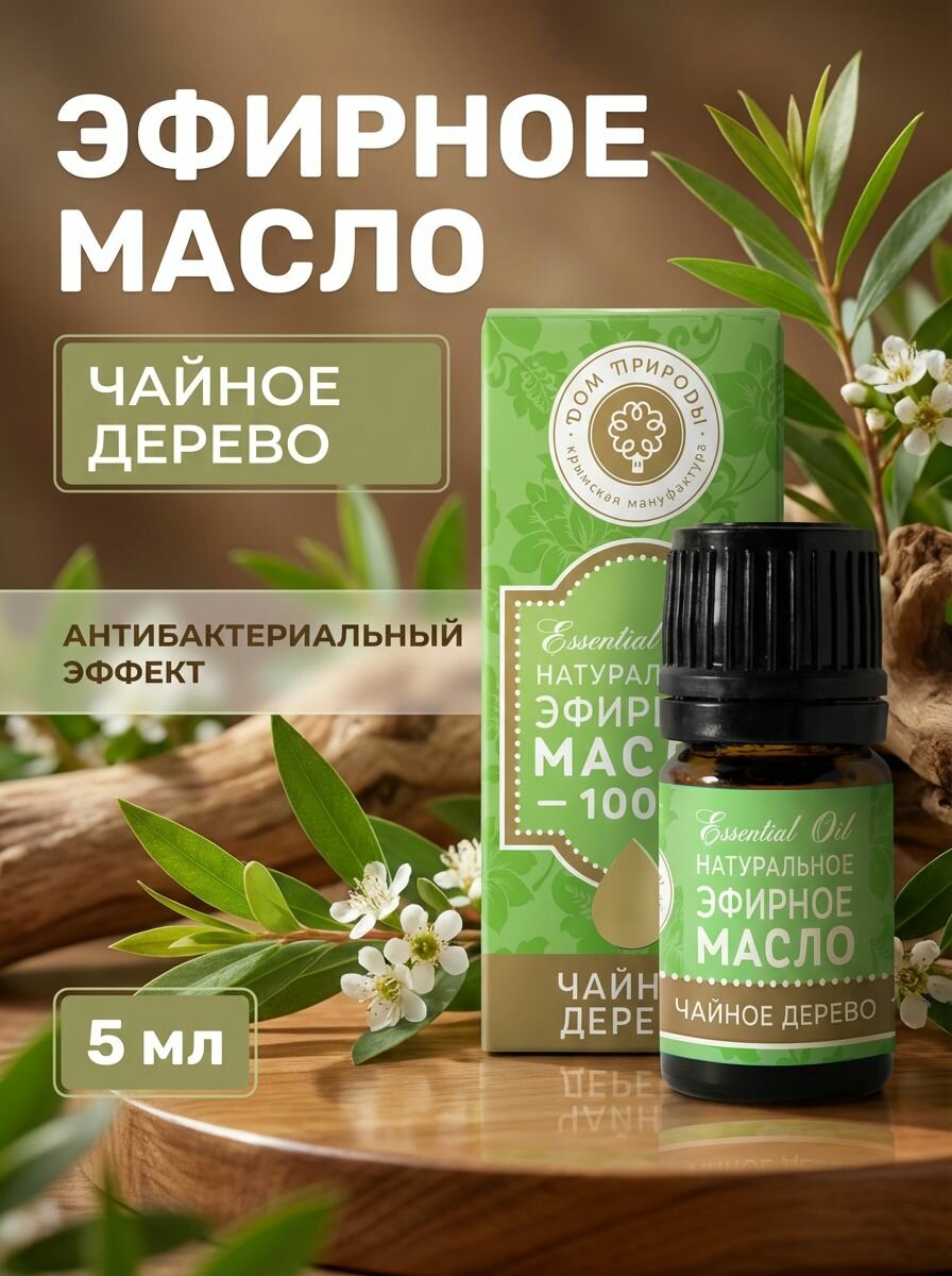 Эфирное масло Чайное дерево натуральное с антибактериальным действием для кожи и волос, 5 мл