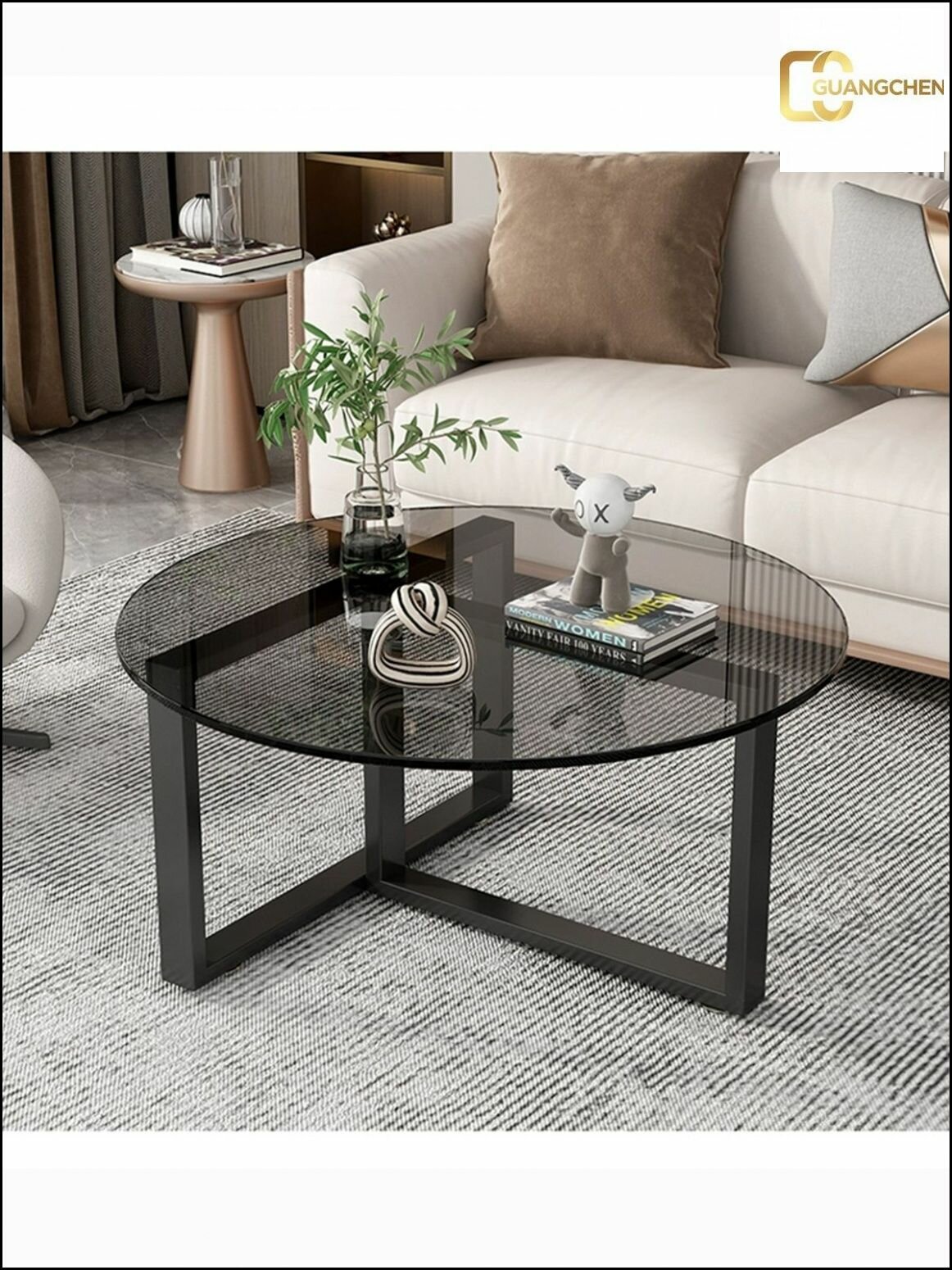 Журнальный столик, круглый, рабочий стол из стекла, рама из кованого железа, подходит для гостиной, 80*80*45 см