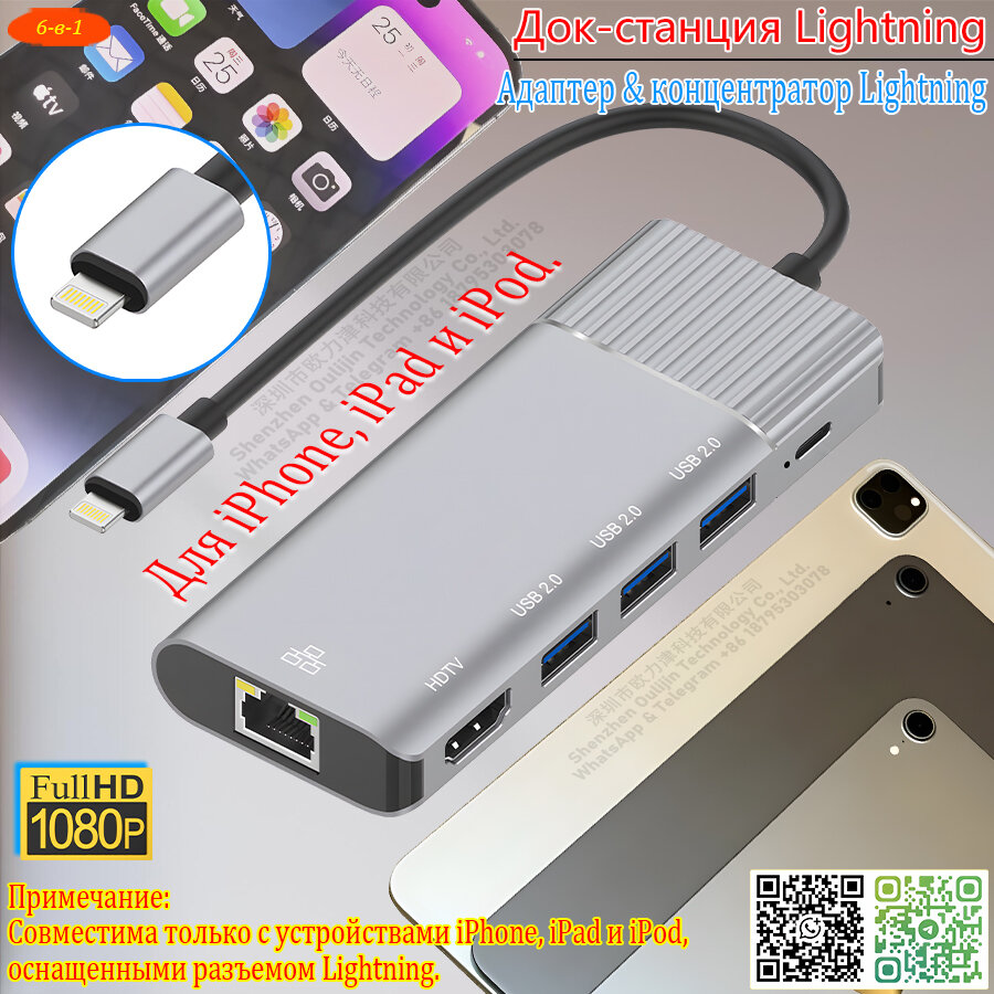 Док-станция Lightning 6-в-1, адаптер Lightning to HDMI/USB/для зарядки / RJ45, Lightning Hub для iPhone, iPad, iPod