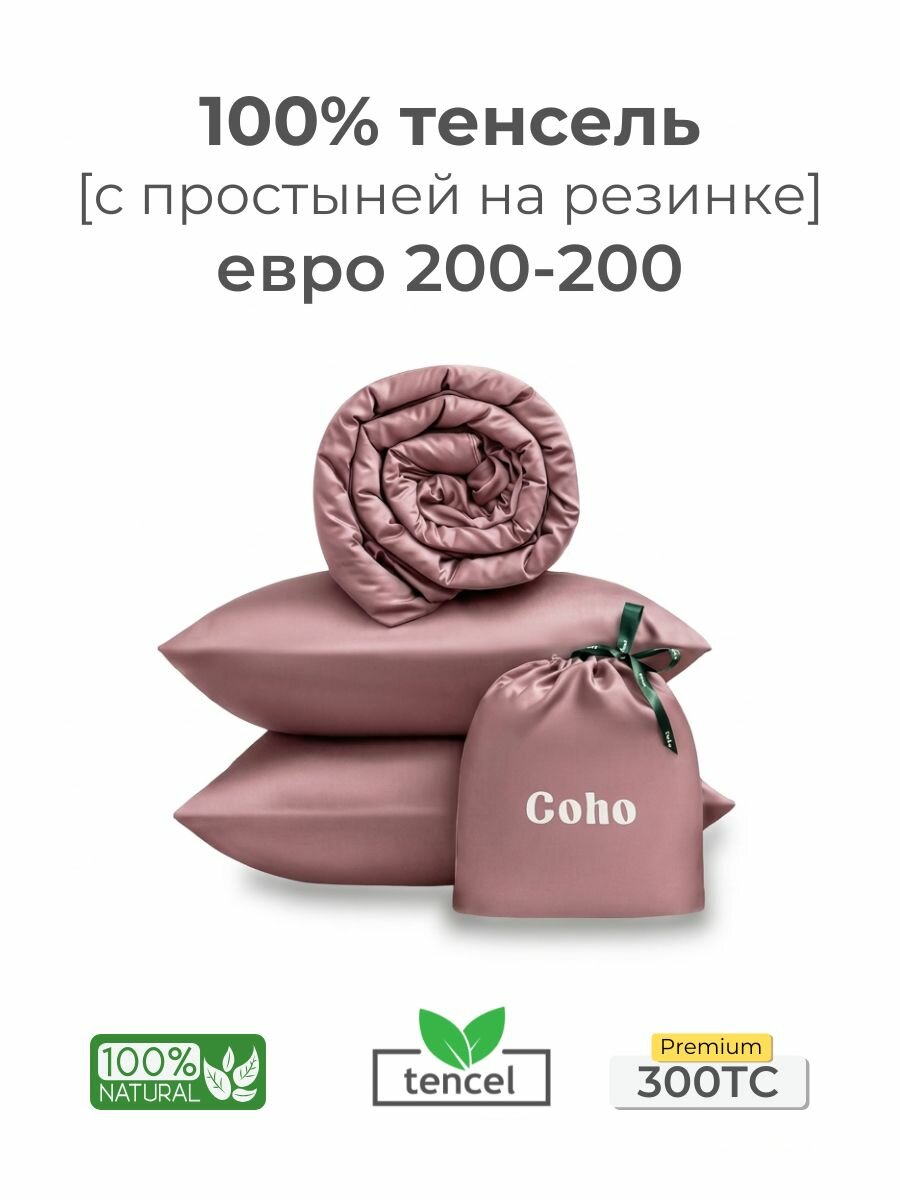 Комплект постельного белья, евро, 50x70, на резинке, 200x200, тенсель, пепельно-розовый, Coho Home