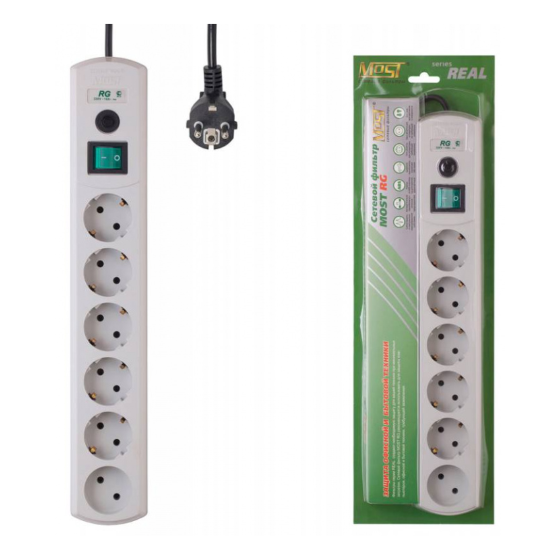 Сетевой фильтр Most RG, 6 розеток, 2 м, 2200 Вт, 6500 А, 350 Дж, белый
