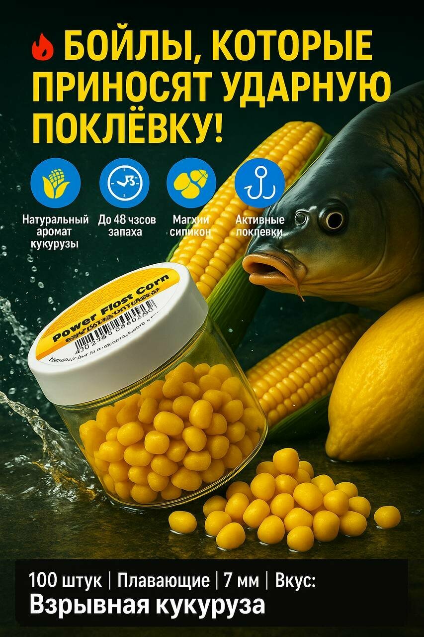 Бойлы для рыбалки силиконовые Кукуруза; Бойлы Power Float Corn, 7 мм, Кукуруза