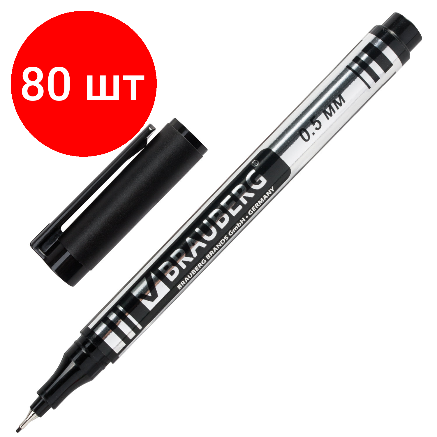 Комплект 80 шт, Маркер перманентный (нестираемый) BRAUBERG "Jet", черный, супертонкий металлический наконечник, 0.5 мм, 150507