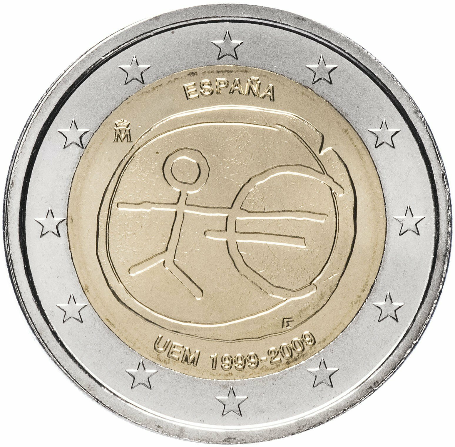 Испания 2 евро 2009 "10 лет Экономическому и валютному союзу", Биметалл, в сохранности UNC
