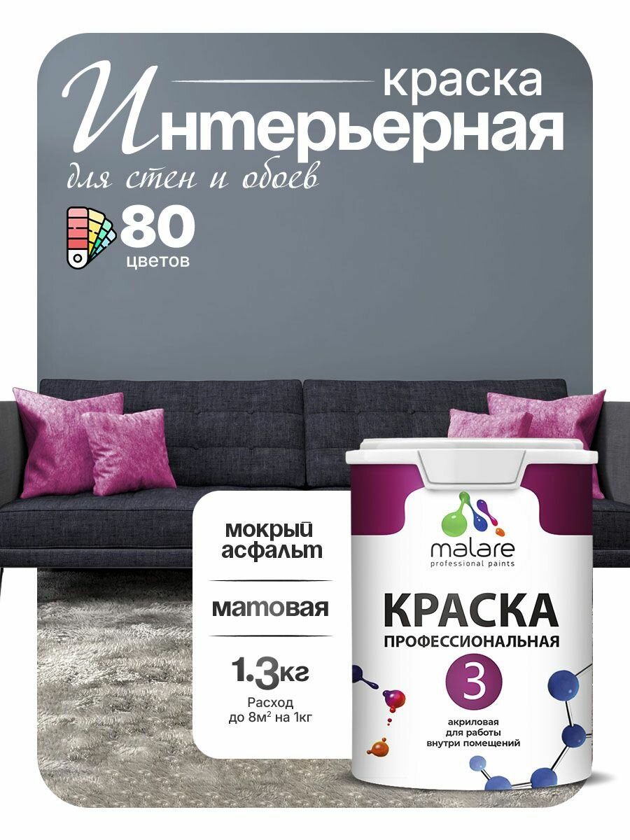 Акриловая краска Malare Euro №3 интерьерная для стен и обоев, для потолка, быстросохнущая без запаха, матовая, мокрый асфальт, (1л - 1.3кг)