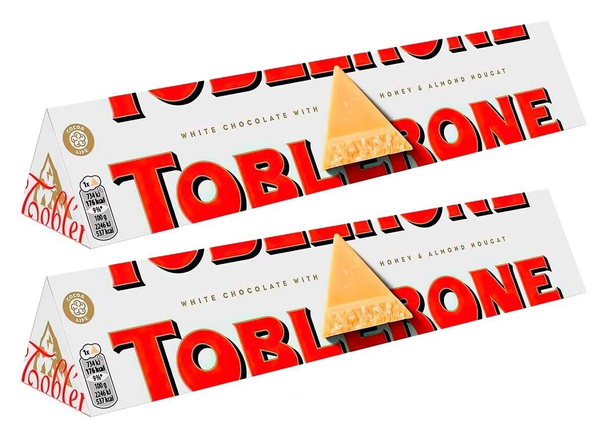 Молочный шоколад TOBLERONE White / Белый шоколад Тоблерон с мёдом и миндальной нугой (Швейцария), 2 шт. по 100 грамм