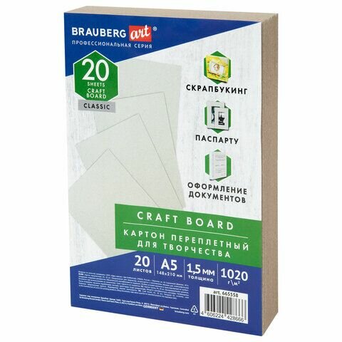 6 шт. Картон переплетный, толщина 1,5 мм, А5 (148х210 мм), комплект 20 шт. BRAUBERG ART, 665558