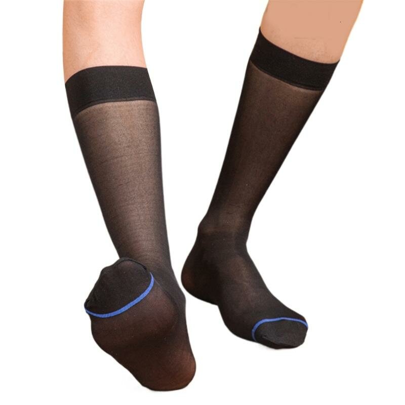 Мужские нейлоновые деловые чулки до колена, синие в полоску, Черный