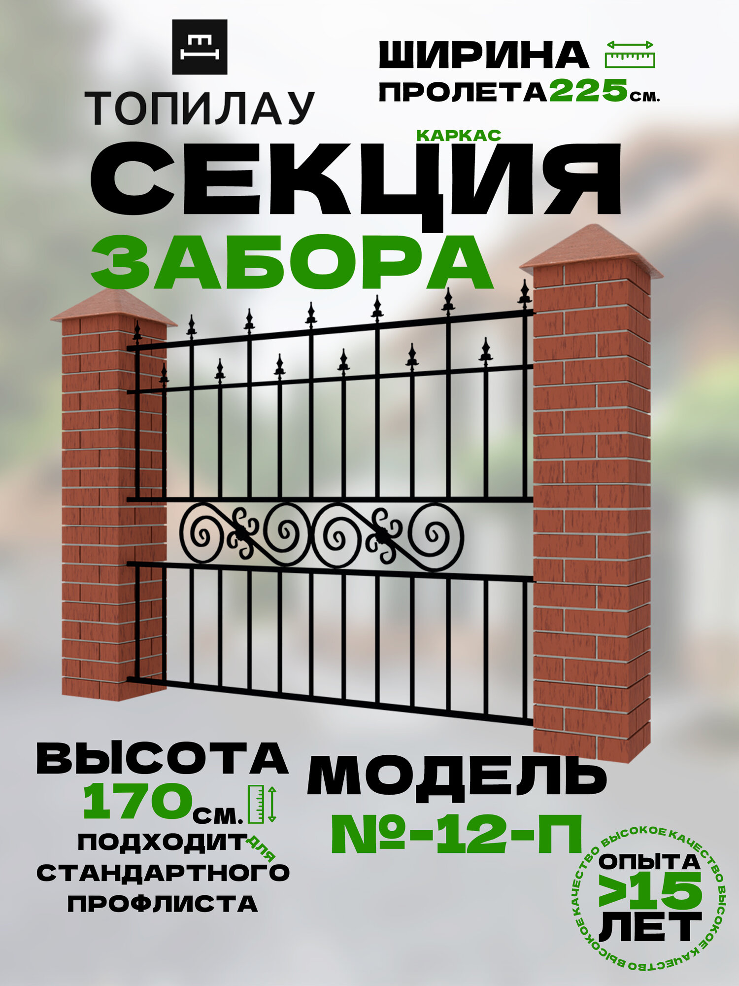 Забор, заборная секция, металлическая. (модель 12 с пиками), 1700*2250