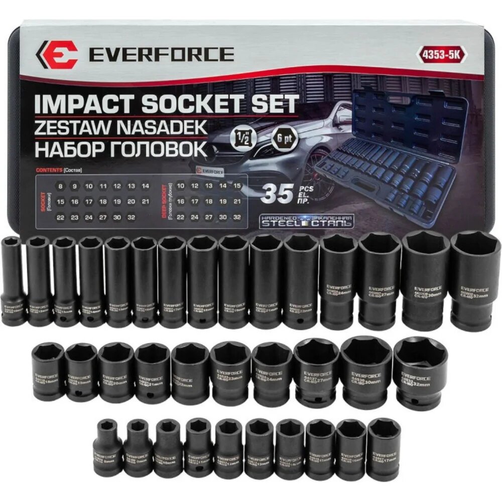 Набор ударных 6-гранных головок EVERFORCE 1/2", 35 предметов EF-4353-5K(61638)