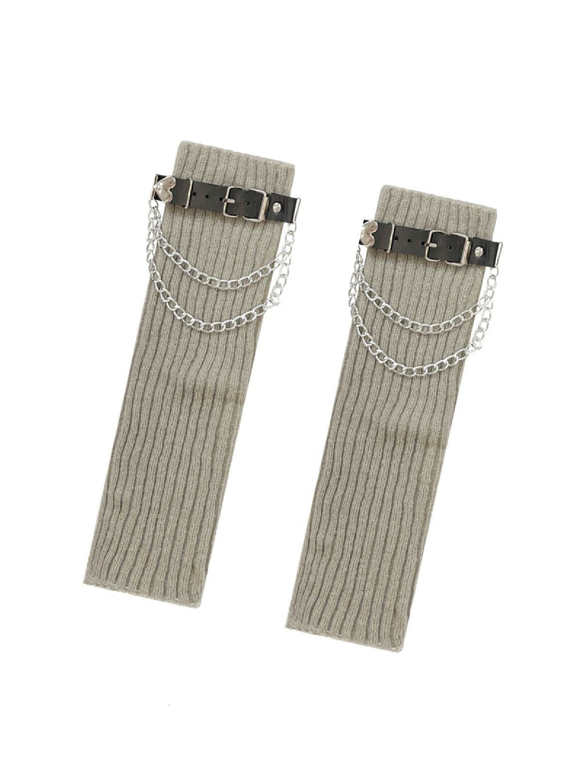 Вязаные гольфы с сердцами и кожаным ремнем, светло -серый зеленый