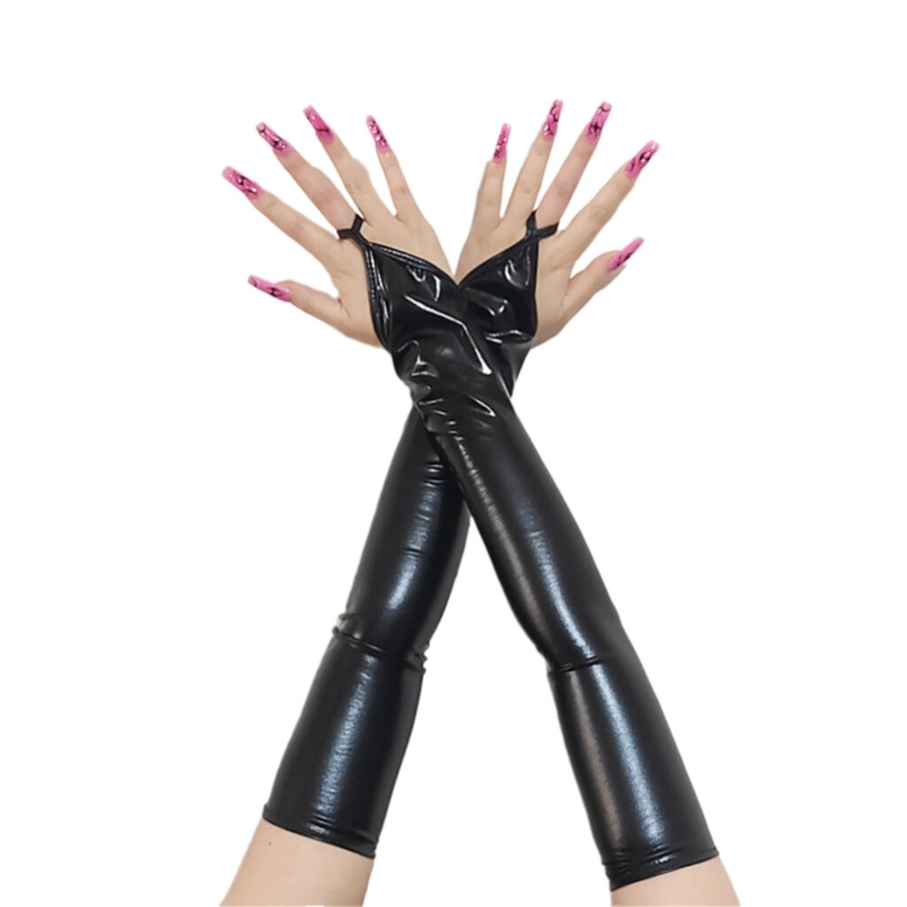 Женские сексуальные перчатки без пальцев с крючком из лакированной кожи длиной 48 см-черный