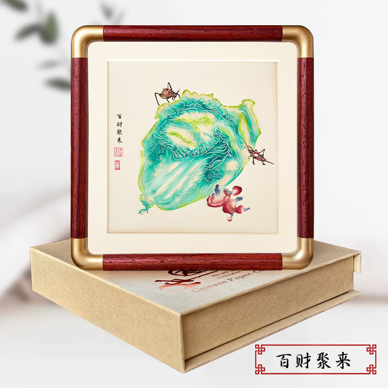 Китайский стиль, характерный для Вэйсянь, ручная работа, бумажная резьба, декоративная живопись, цветущая богатство, рамка из массива дерева с медным уголком, экспортный подарок
