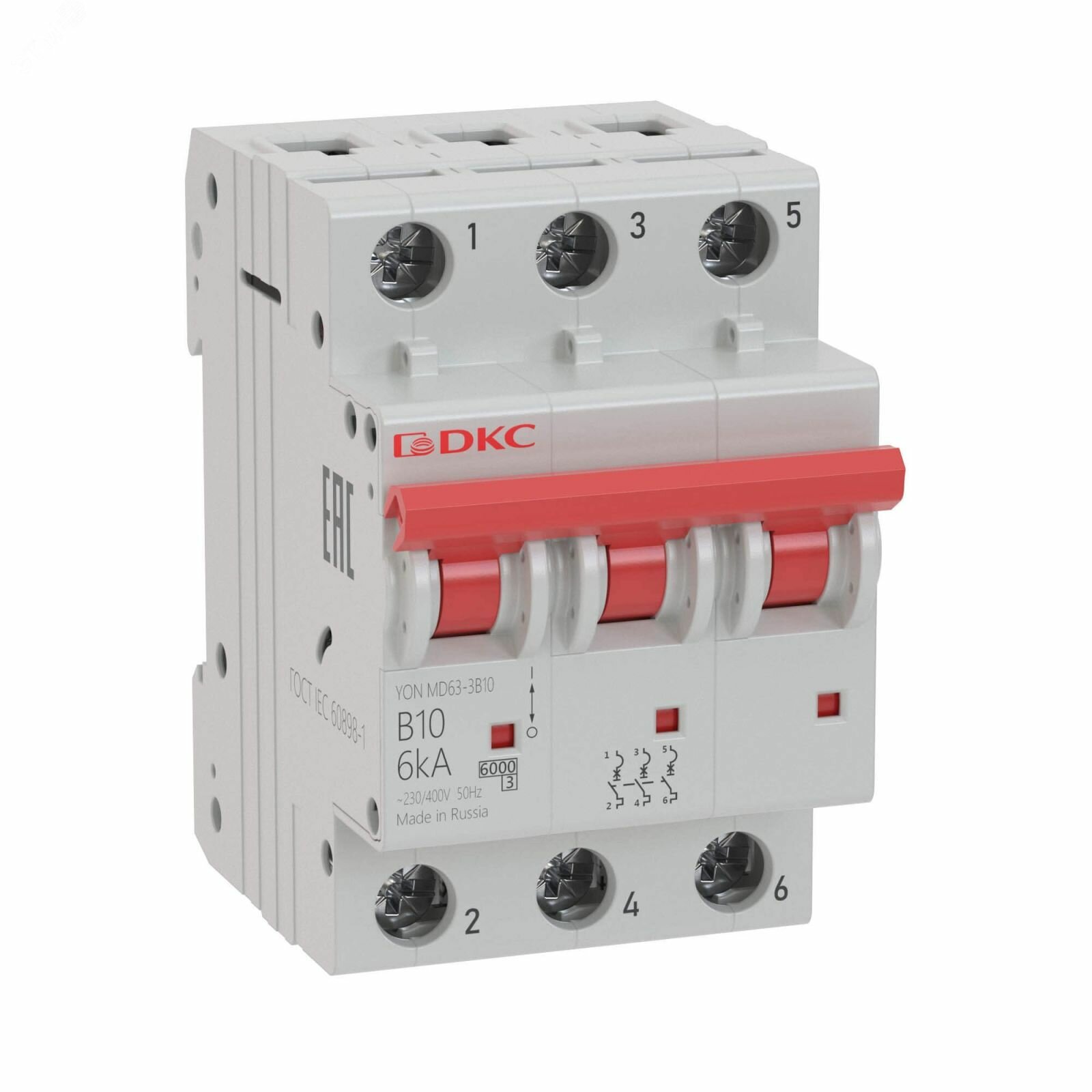 Выключатель автоматический DKC трехполюсный, номинальный ток 25 А, характеристика В, отключающая способность 10 кА