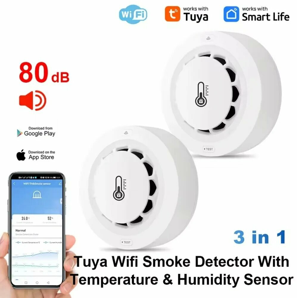 Tuya WiFi Сигнализация дыма Датчик температуры и влажности Детектор дыма Сигнализация пожарной защиты Комбинированный пожарный
