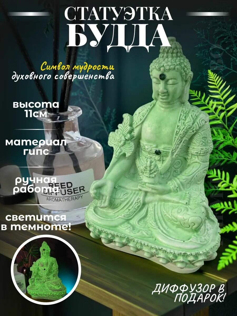 Статуэтка светящийся Будда зеленый для интерьера, ручная работа
