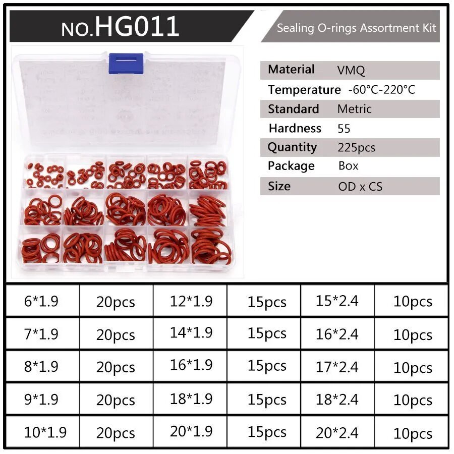 Уплотнительные колпачки, красный силикон, антиоксидант и устойчив к высоким температурам, 15 размеров, упаковка в коробке.