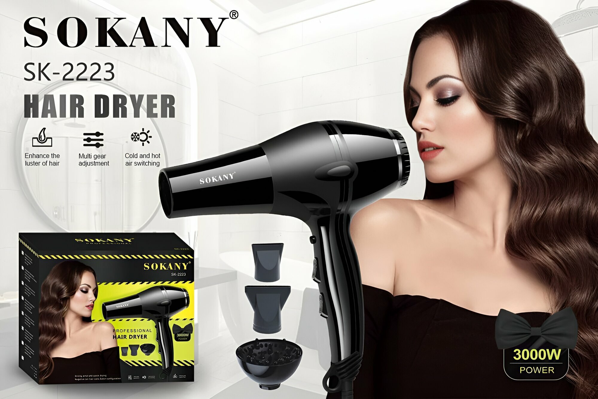 Мощный фен 3000 Вт с ионной технологией и режимом ThermoProtect для бережной сушки волос