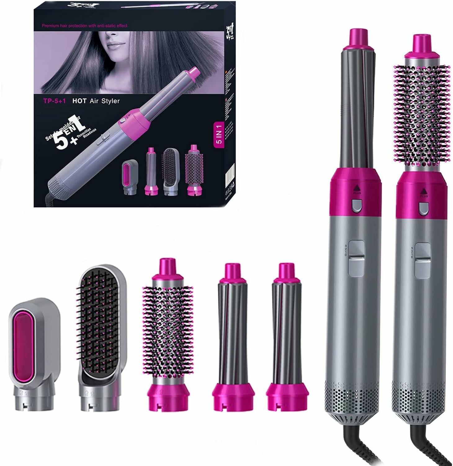 Фен для волос, фен-щетка 5 в 1, стайлер Airwrap, набор съемных щеток, выпрямитель с отрицательными ионами, щипцы для завивки волос, расческа с горячим воздухом (импортная)
