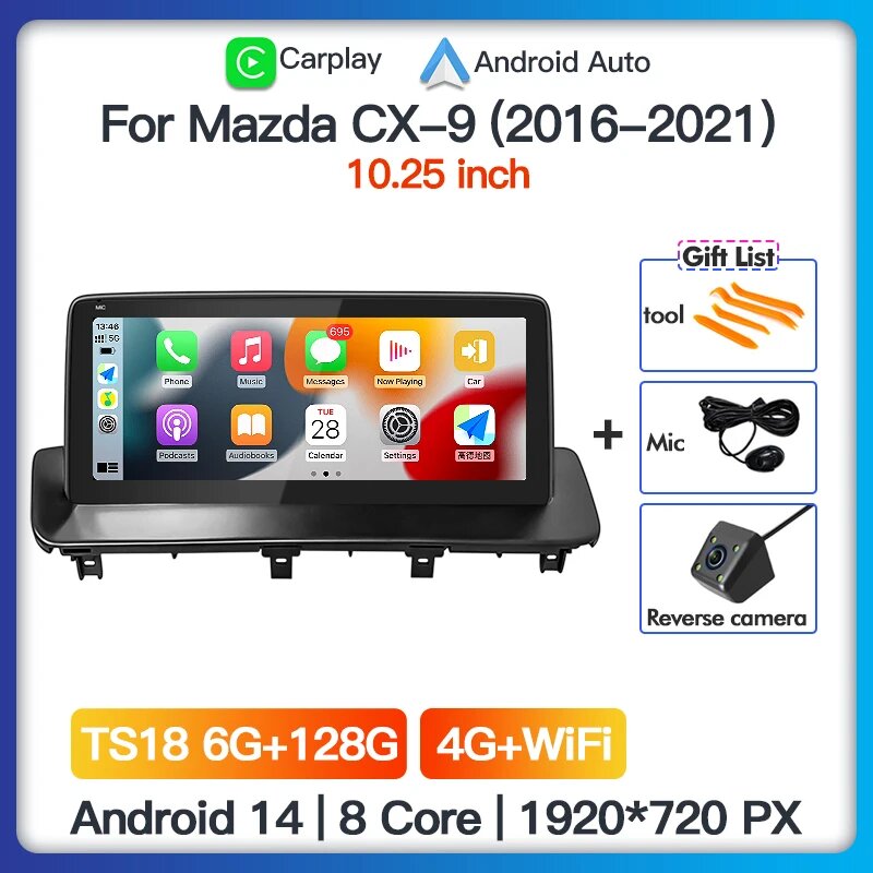 Android 14 Carplay AUTO для Mazda CX-9 (2016-2021), 10.25", TS18 6G+128