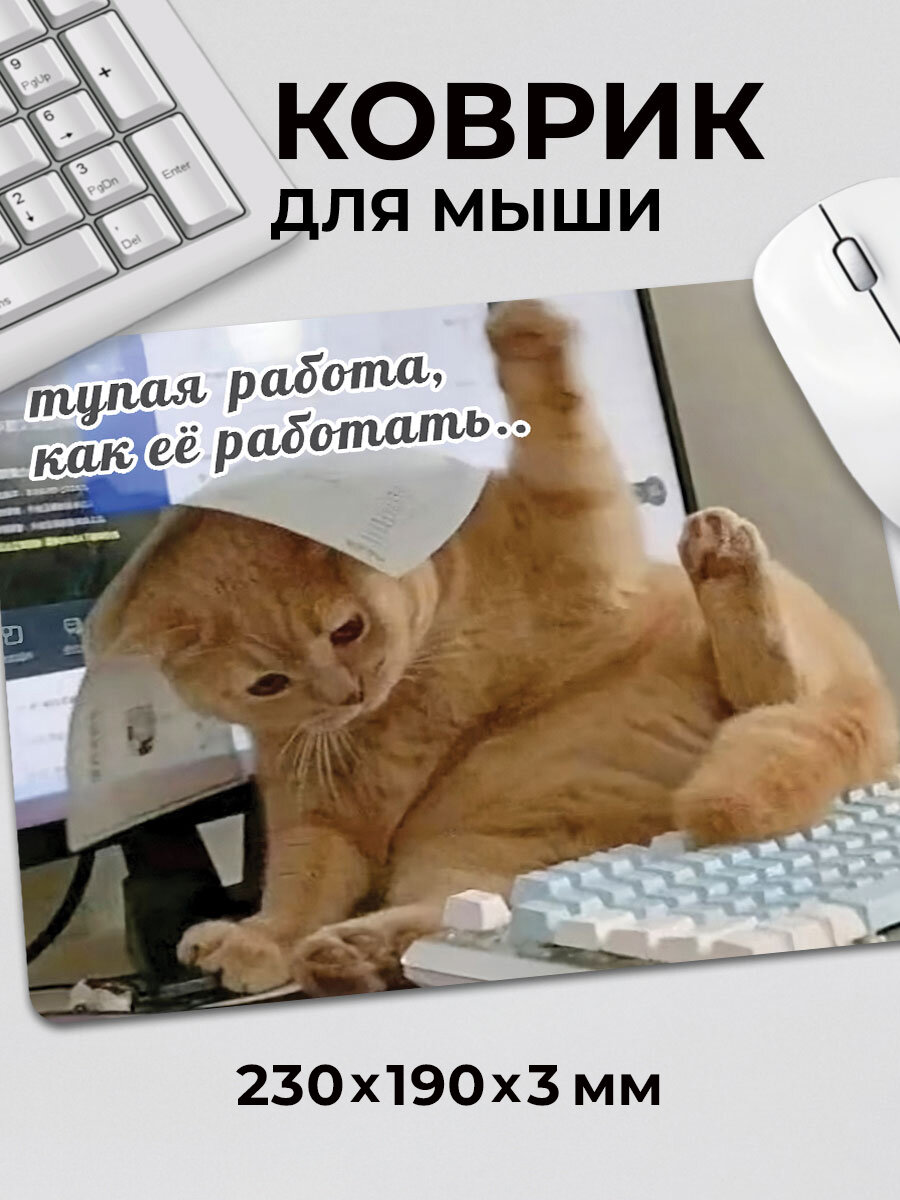Коврик для мышки с приколом мем милый котик Тупая работа как ее работать