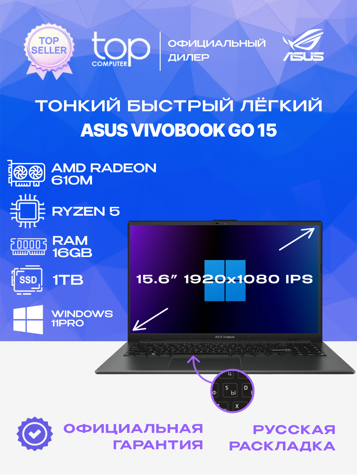 Ноутбук Asus Vivobook Go 15 15.6"FHD; IPS/R5 7520U/16GB/SSD 1TB/Radeon610M/Win11pro/черный