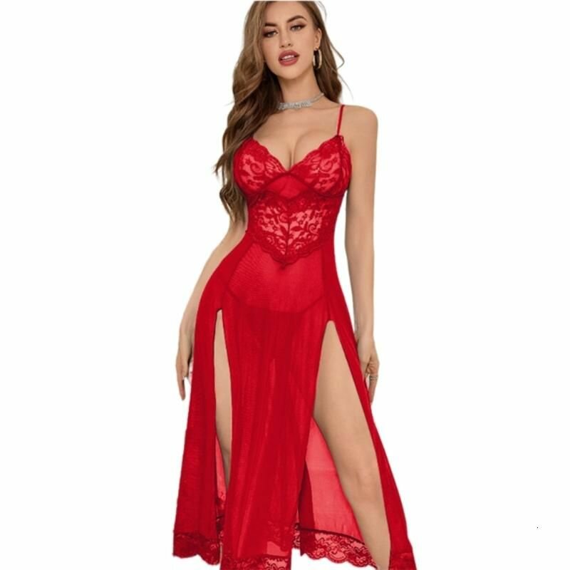 Кружевной бэйби-долл с сетчатым верхом, красный - XXL