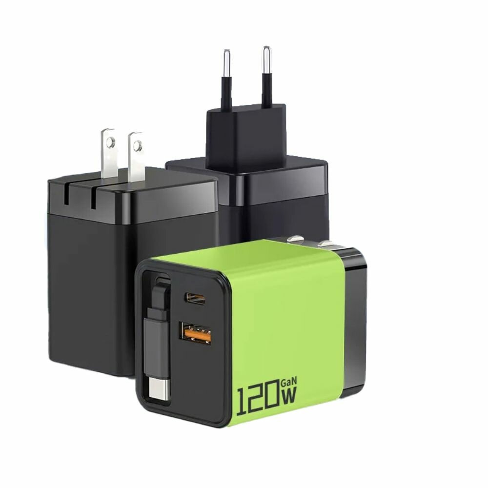 Быстрое зарядное устройство GaN мощностью 120 Вт со встроенным выдвижным кабелем, вилкой EU/US/UK, разъемом USB Type-C, для Xiaomi, iPhone, Samsung, ноутбуков и планшетов.