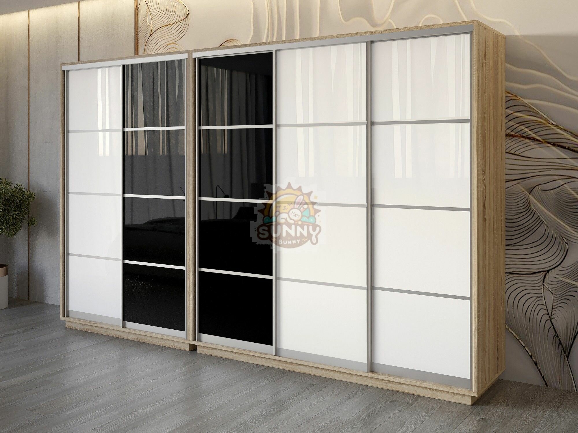 Шкаф-купе Флорида 5дв. (2+3) Стекло белое 3/Стекло черное 2, профиль серебро, 350х60х220 см. Сонома