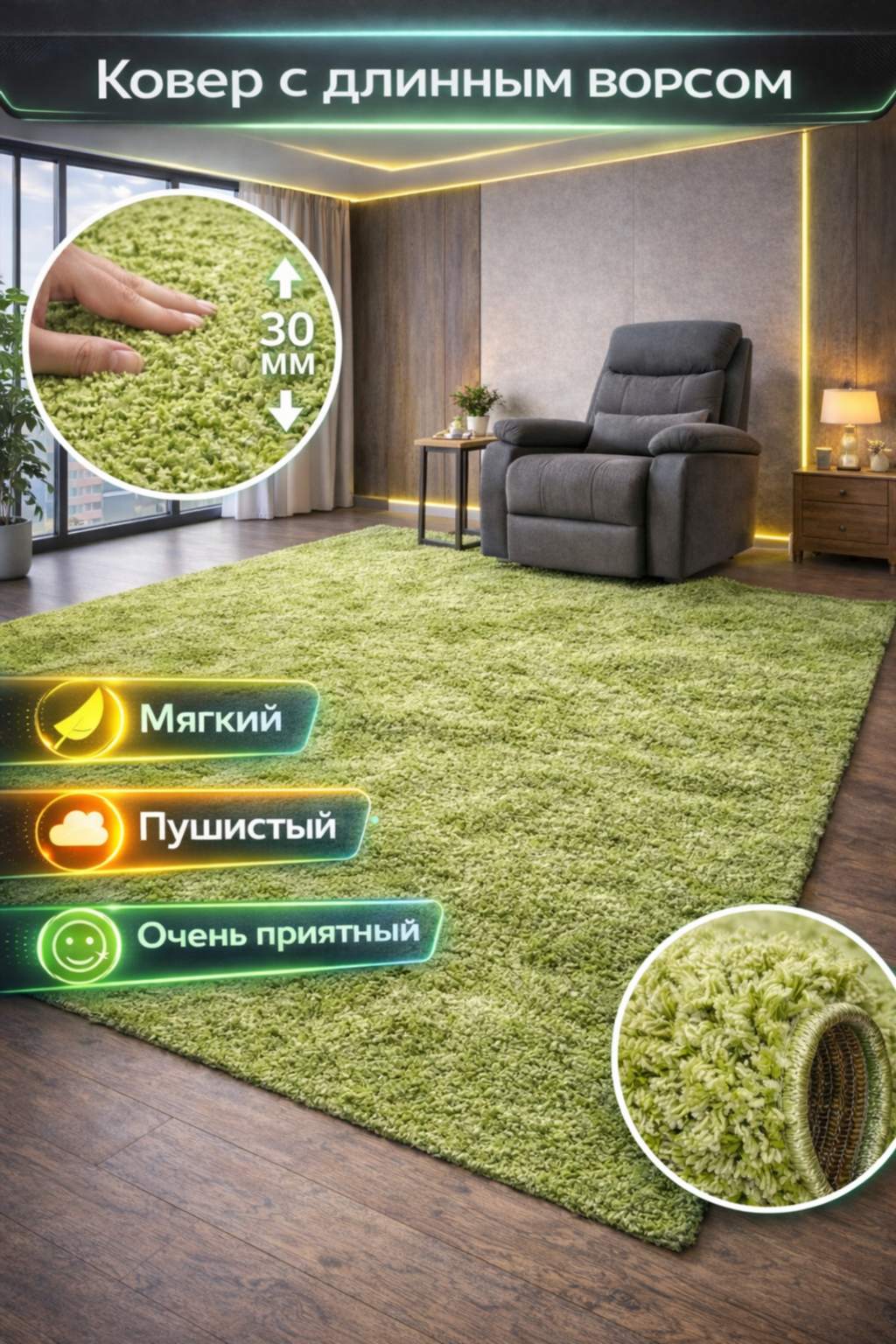 Ковер зеленый с длинным ворсом 30 мм Фьюжн 42811-49022 мягкий пушистый 1.2x1.7м