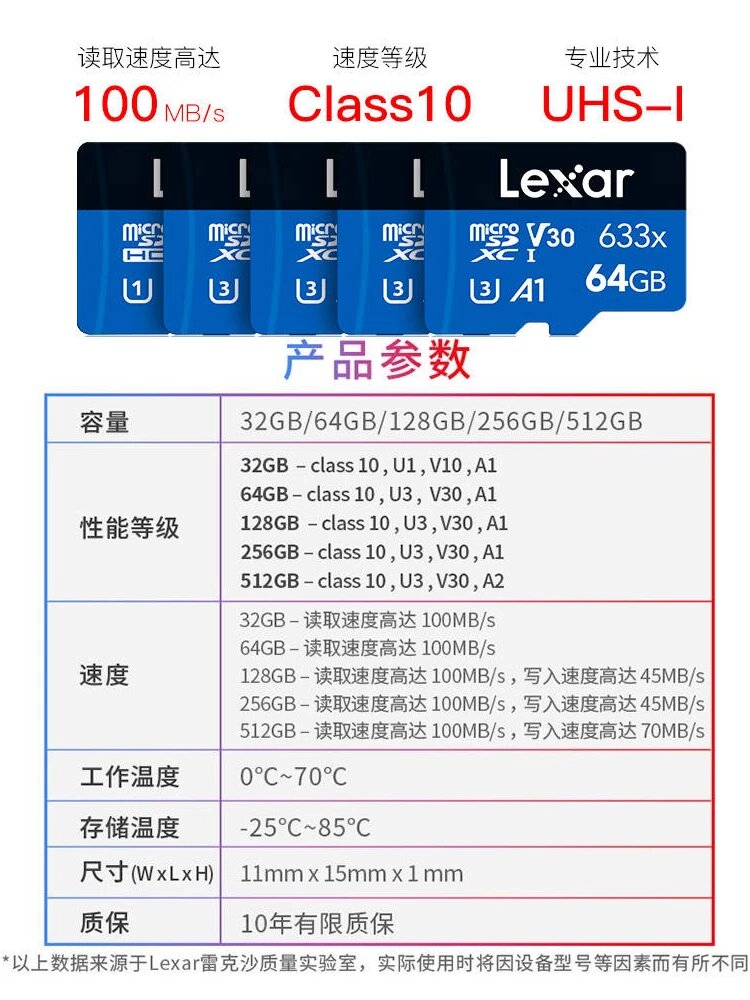 Lexar TF карта 633x, скорость чтения 100 МБ/с, 64 ГБ для смартфонов планшетов видеорегистраторов