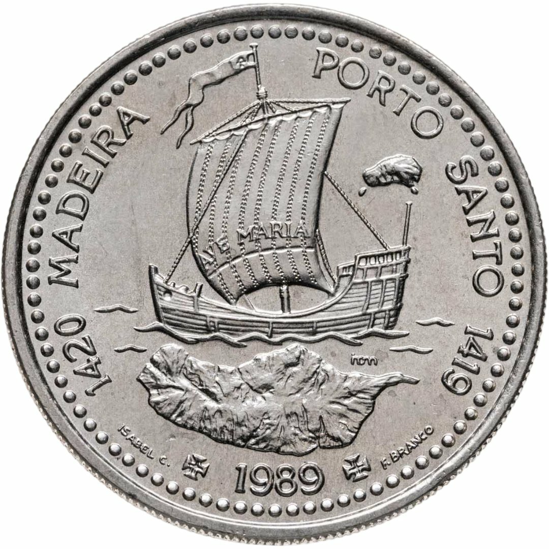 Португалия 100 эскудо escudos 1989 Золотой век открытий - Открытие острова Мадейра, Мельхиор медь-никель, в сохранности AU-UNC