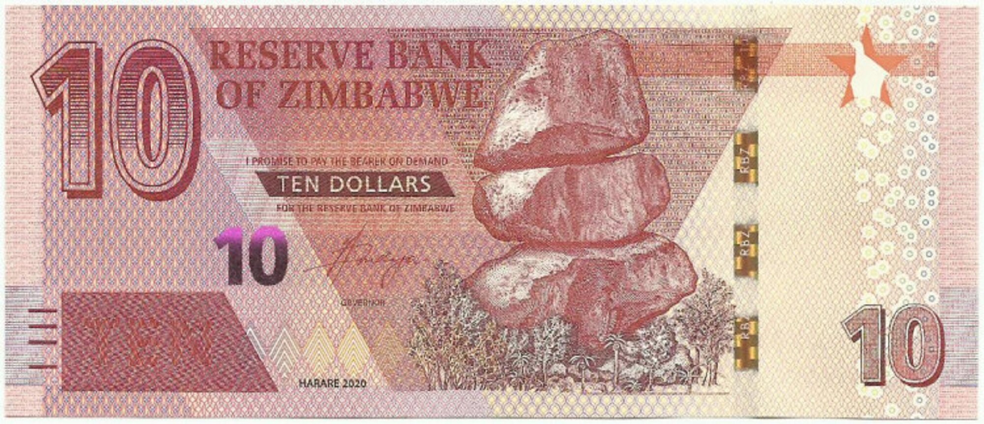 Банкнота номиналом 10 долларов Зимбабве 2020 года. Состояние UNC. P-W103 (40737)