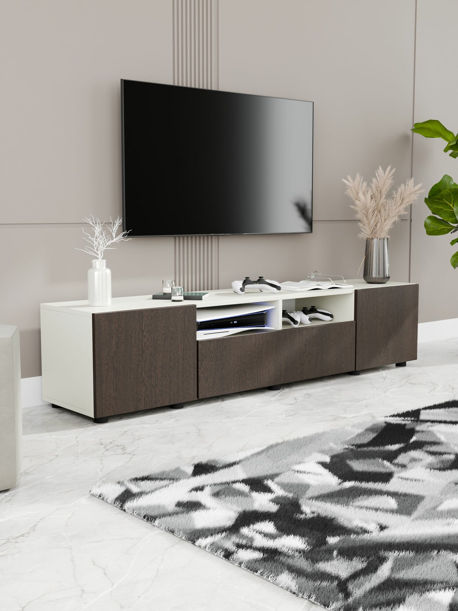 Тумба под телевизор горизонт 160х37.8х36.3 см, бежевый кашемир/ фасад венге