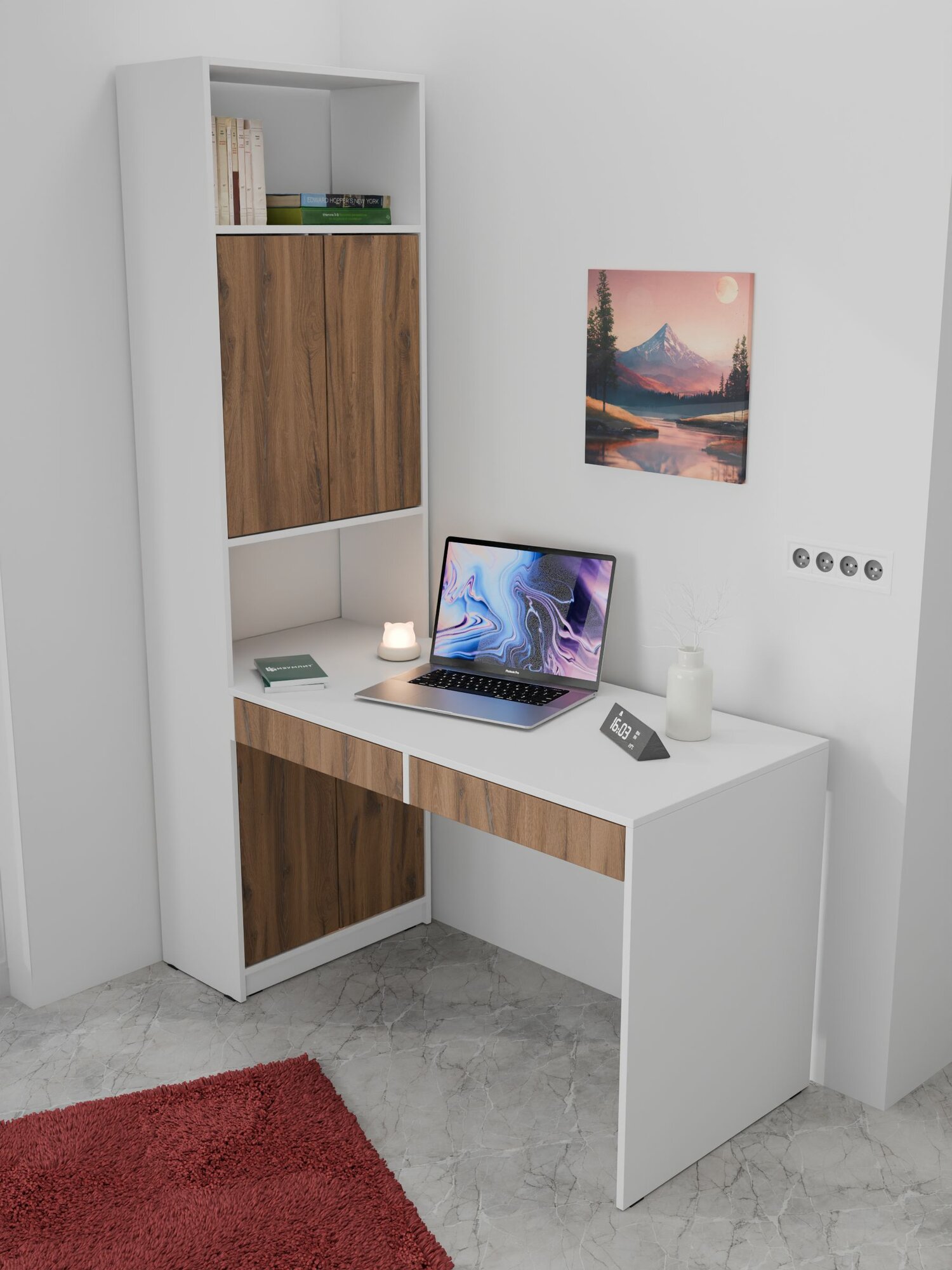 Изумлит Стол-стеллаж с дверьми письменный угловой, стеллаж слева 200х140х59.2 см, белый - дуб крафт табачный