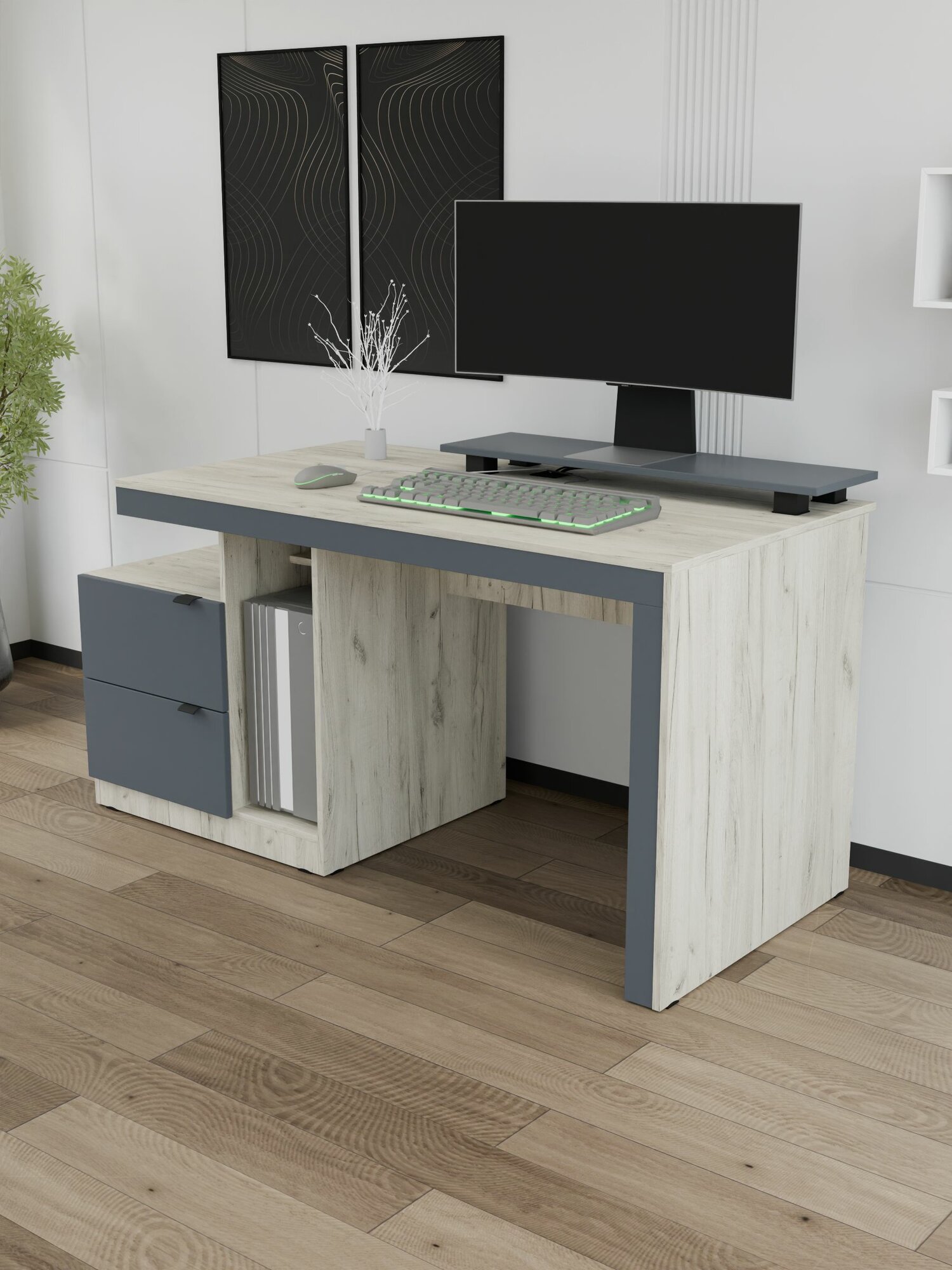 Изумлит Стол компьютерный для офиса и дома Вертикаль Лайт 162х80х74.5 см, тумба слева, дуб крафт белый - графит