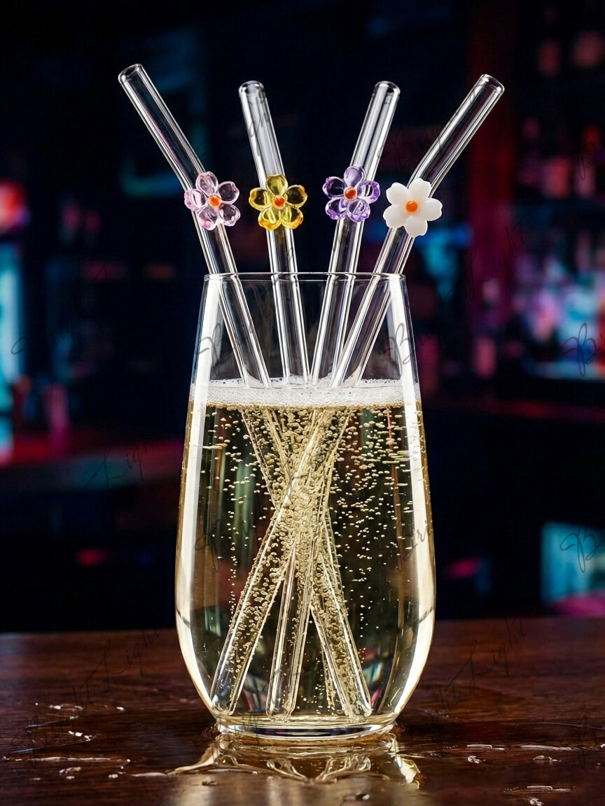 Трубочки стеклянные для коктейлей, многоразовые, прозрачные с цветочком. 20 х 0,8 см. 4 шт. + ёршик.