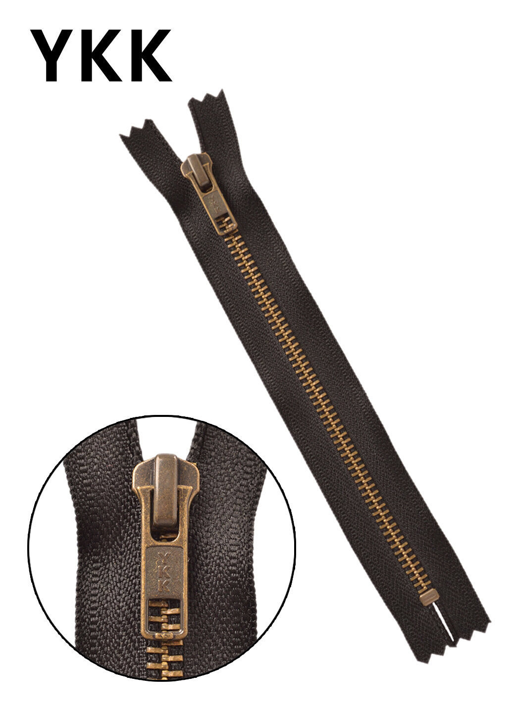 Молния YKK металлическая Т5 неразъёмная, антик, 18 см, 1шт/упак, черный
