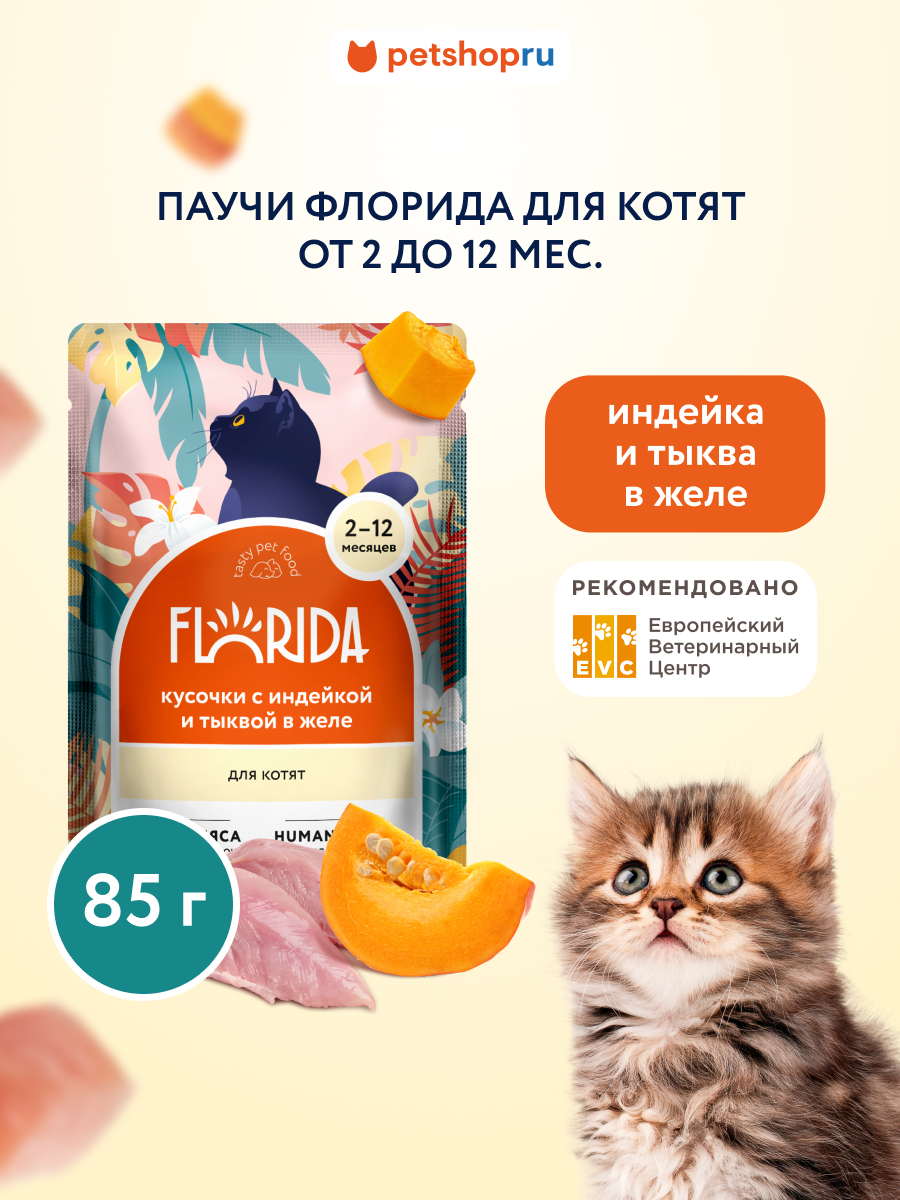 FLORIDA Паучи для кошек, влажный корм для котят, кусочки с индейкой и тыквой в желе, 1 шт, 85 г