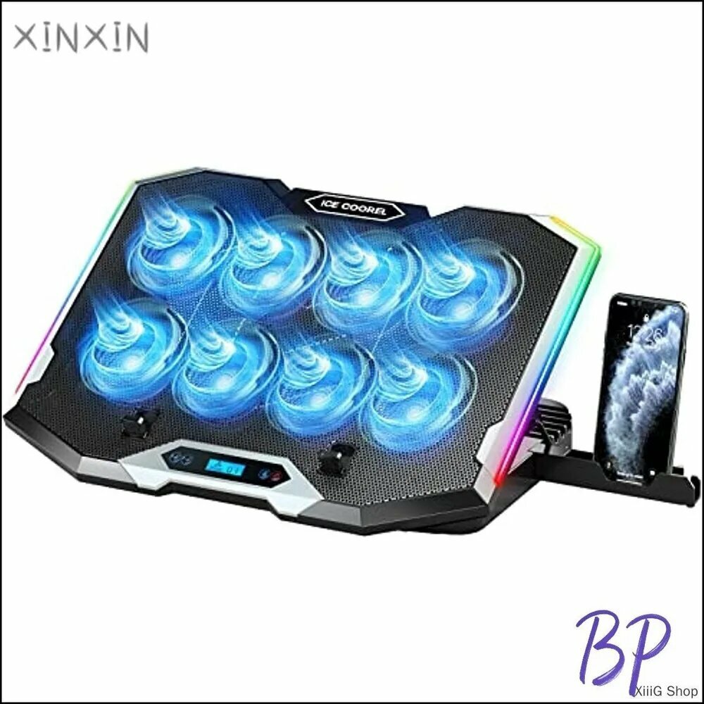 ICE COOREL Gaming Laptop Cooling Pad 15-17.3 Inch, Подставка-холодильник для ноутбука с 8 вентиляторами охлаждения RGB и 6 регулируемыми по высоте, с подставкой для телефонаSXR