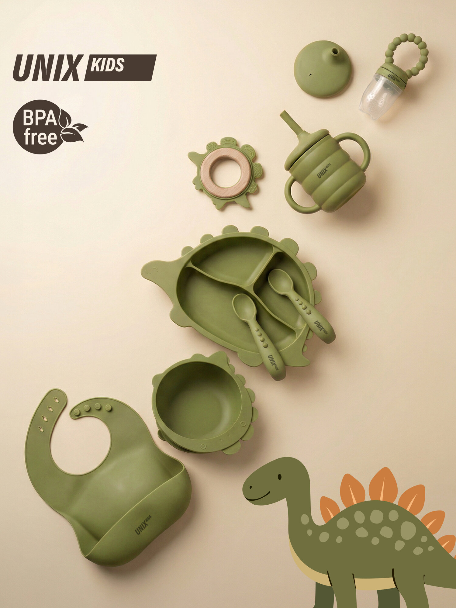Набор детской посуды для кормления малыша 0+ UNIX Kids Dino / Дино силиконовый, 9в1 на присоске для детей, секционная тарелка, миска, нагрудник, кружка, поильник, 2 ложки, ниблер, прорезыватель