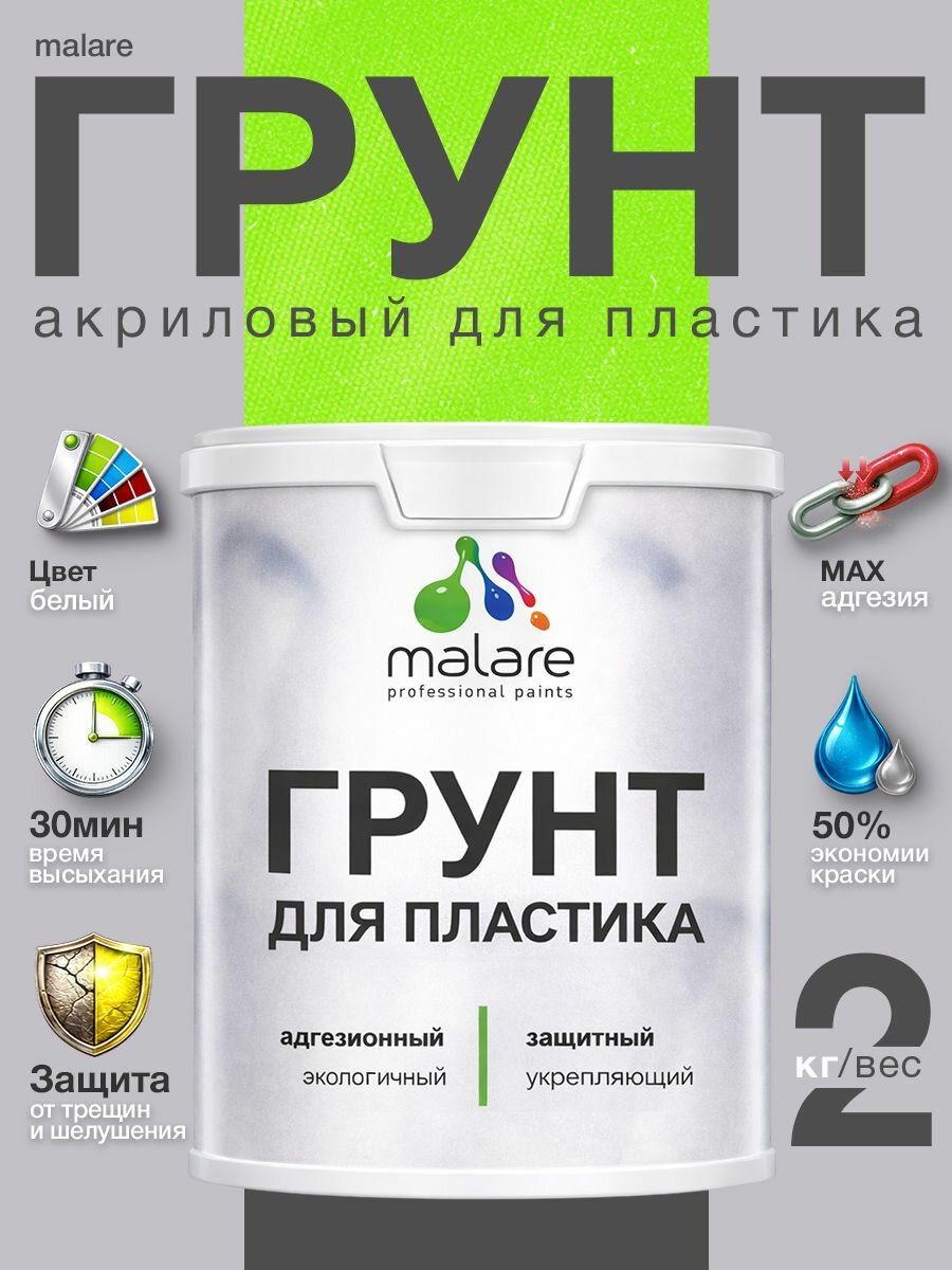 Грунт для пластика Malare акриловый адгезионный, без запаха быстросохнущий, белый, 2 кг.